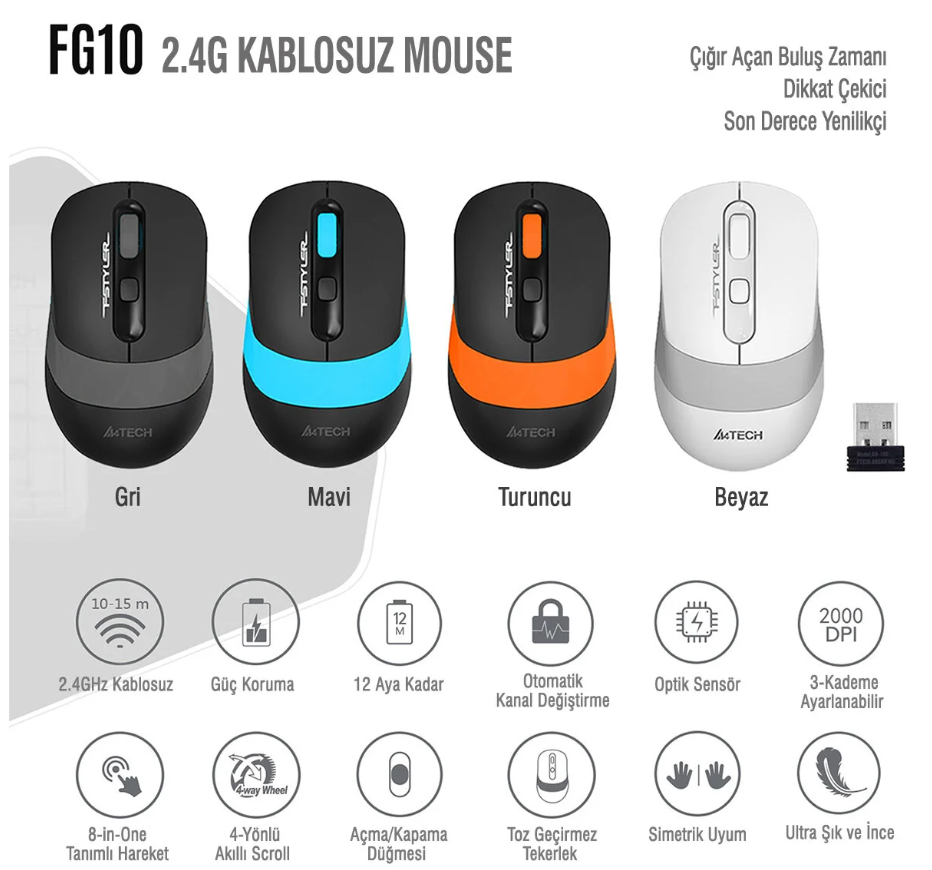 A4 Tech FG10 Beyaz 2.4Ghz Wireless Mouse - 1011043- Herbirivar ...