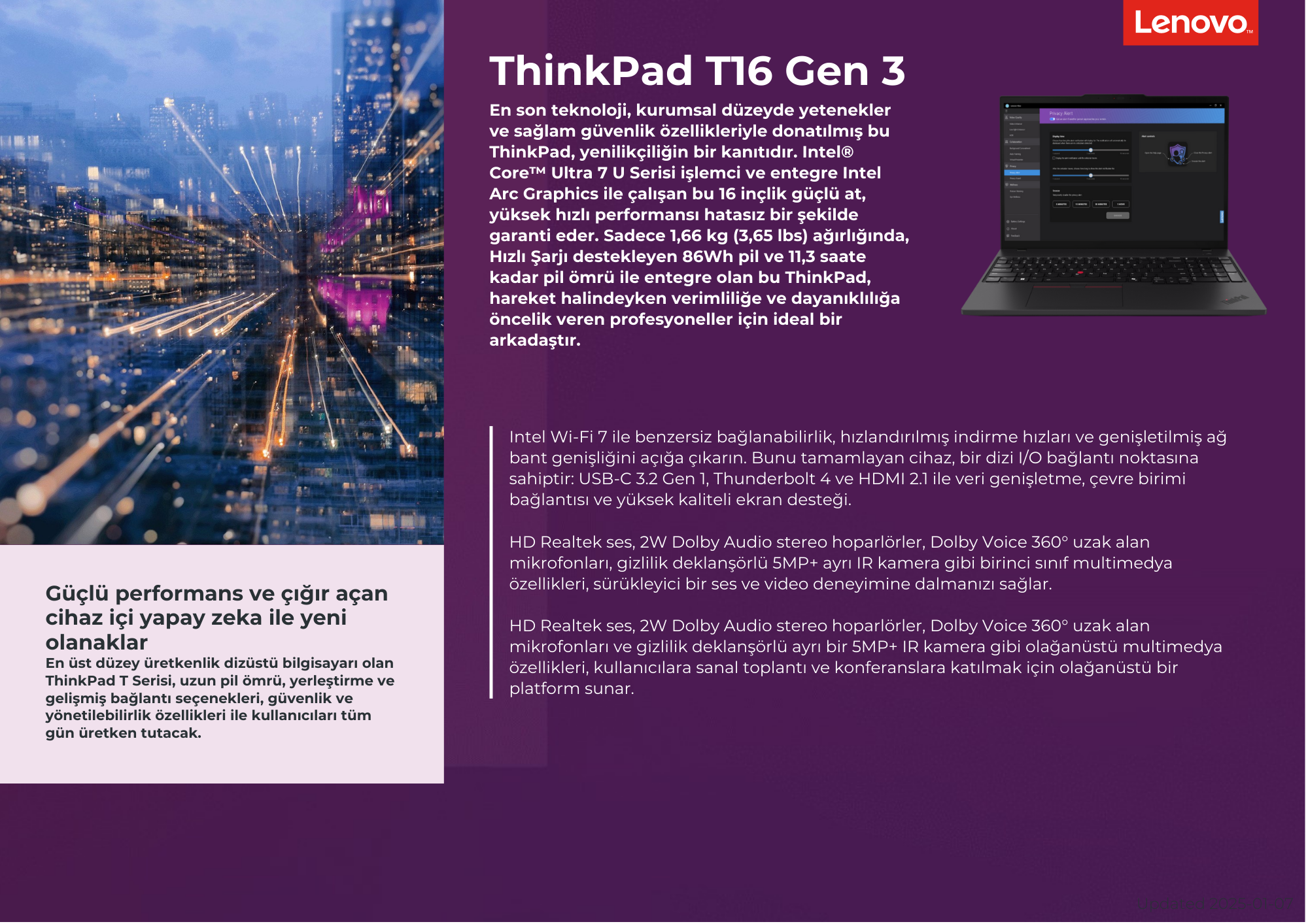 Lenovo Thinkpad T16 G3 Ultra 7-155U 32-Gbddr5 2 Tbssd 16 Fiyatı